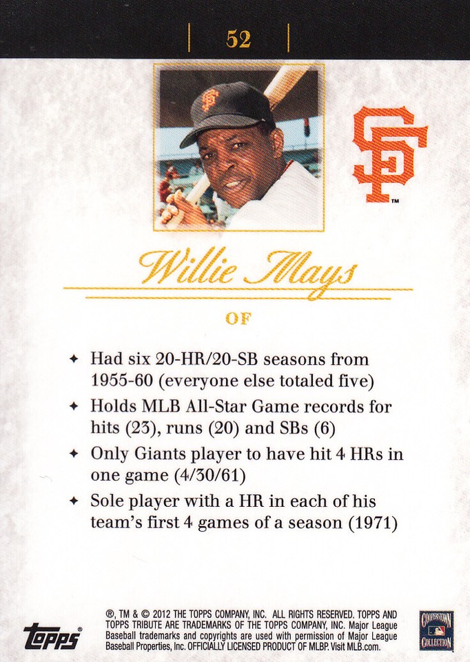 2012 Topps Tribute #52 Willie Mays - NM-MT | eBay