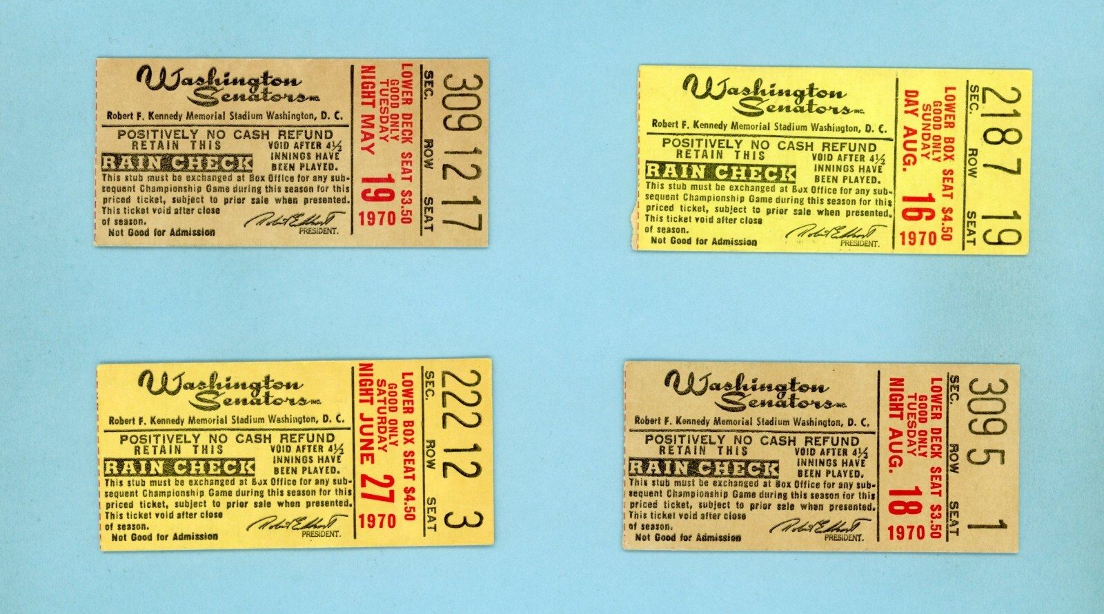 Lot of 4 Different 1970 Washington Senators Ticket Stubs at RFK Stadium ...