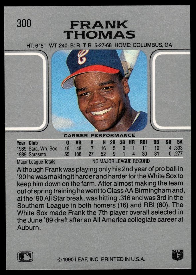 1990 Leaf #300 Frank Thomas Rookie RC Rookie Chicago White Sox NM+ | eBay