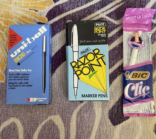 Vintage Pen Lot Uni-ball Pilot Bic Razor Point Micro Roller Black Blue ...