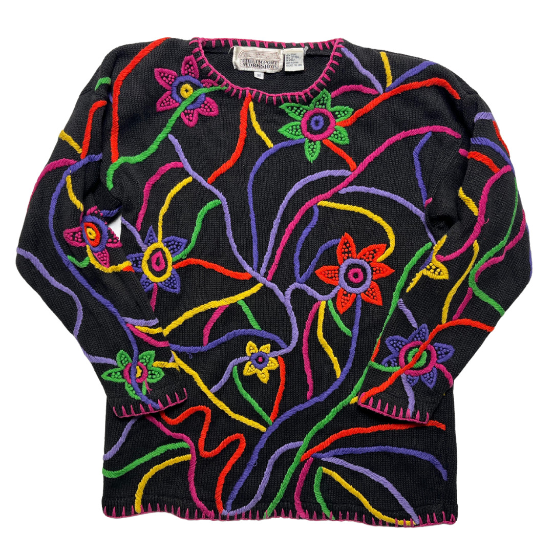 Vintage 1980s Embroidered Knit Sweater Medium Rainbow… - Gem
