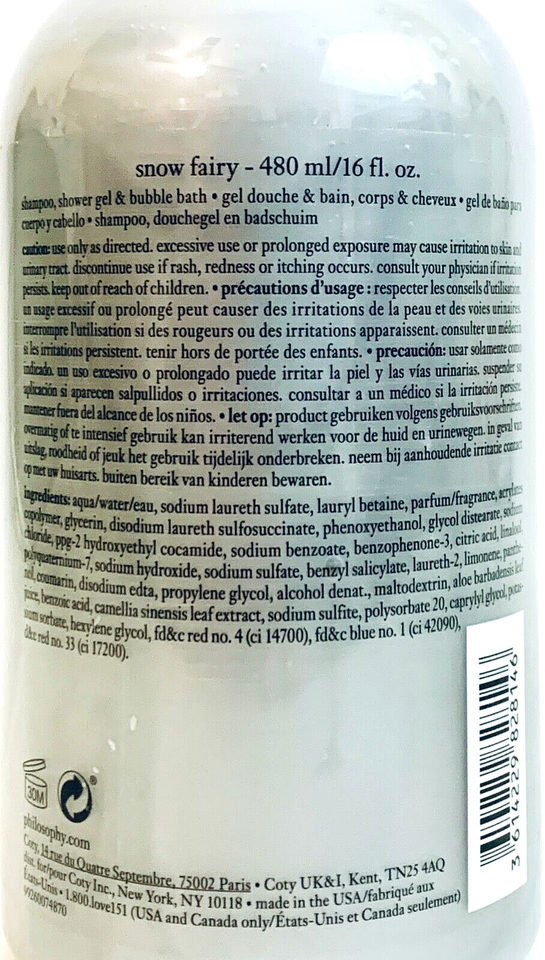 1 Bottle Philosophy Snow Fairy 3 In 1 Shampoo Shower Gel & Bubble Bath ...