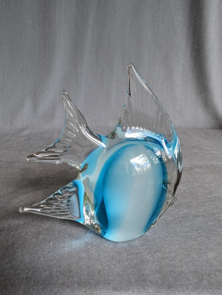 Art Glass Hand Blown Blue Angel Fish Figurine Paperweight Murano Style ...