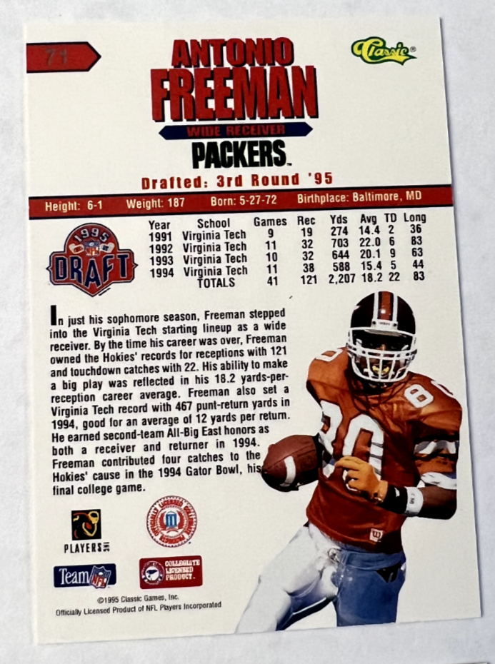 1995 Classic Games 1995 Draft Class #71 Antonio Freeman Green Bay ...