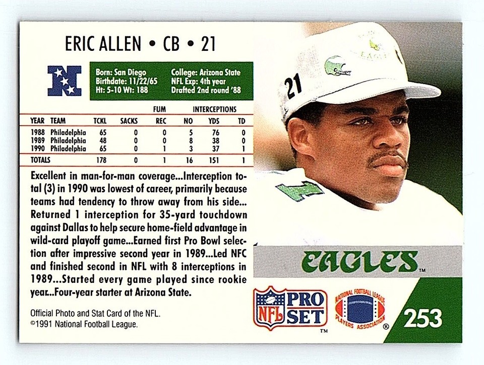 1991 Pro Set Eric Allen Philadelphia Eagles #253 | eBay