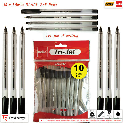 10 x 1.0mm BIC CELLO Tri-Jet BLACK Medium Point Ballpoint Pens ...