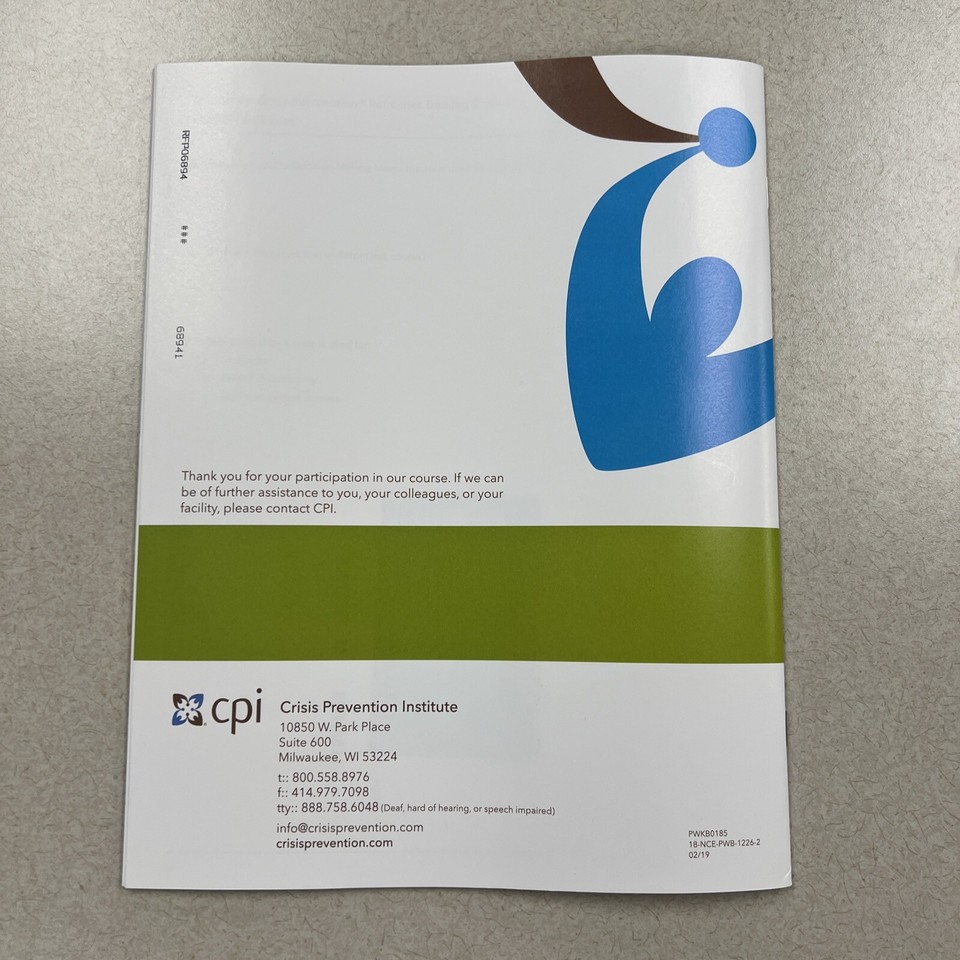 CPI Nonviolent Crisis Intervention Refresher Student Workbook w/ blue ...