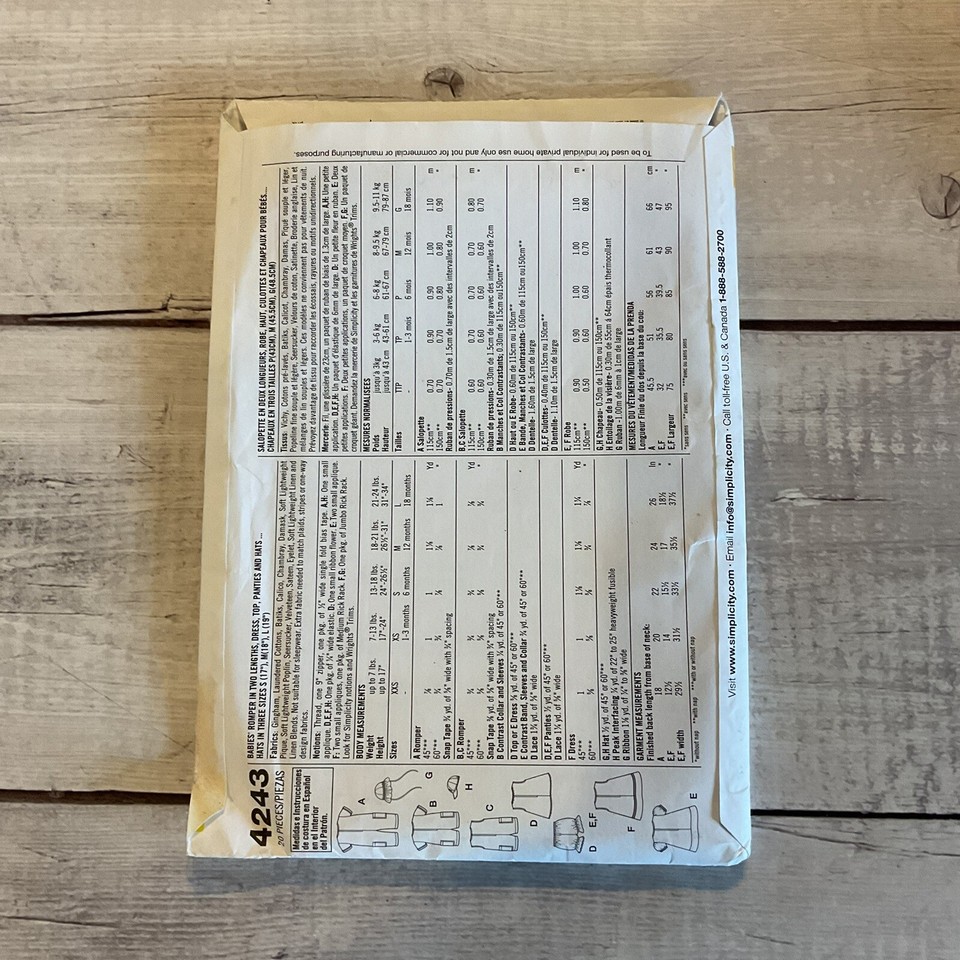 Simplicity 4243 Sewing Pattern Dress Romper Top Hat Toddler Unisex XXS ...