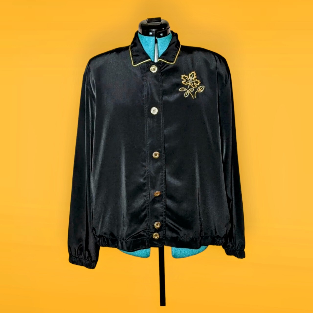 VINTAGE TEDDI Black SILKY Smooth Jacket Size XL Gold … - Gem