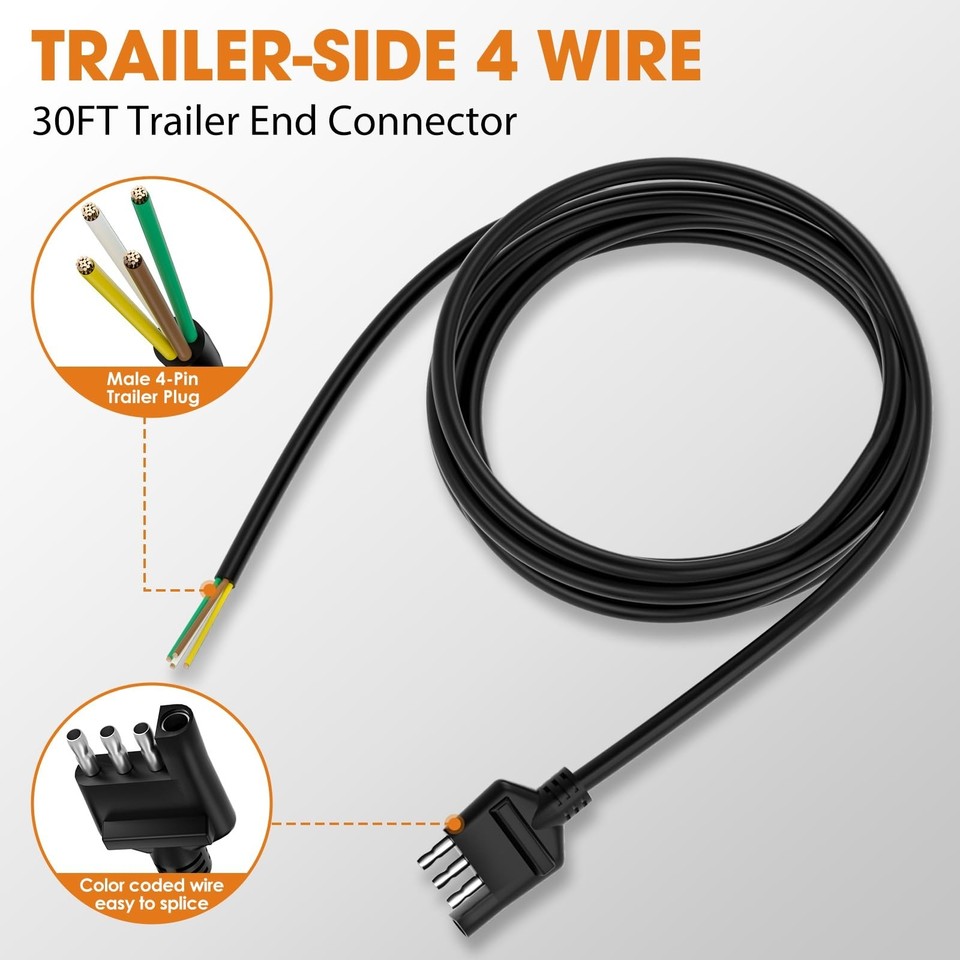 4 Way Trailer Wiring Harness - 30FT Jacketed Cable, 18AWG 4 Pin Fla ...