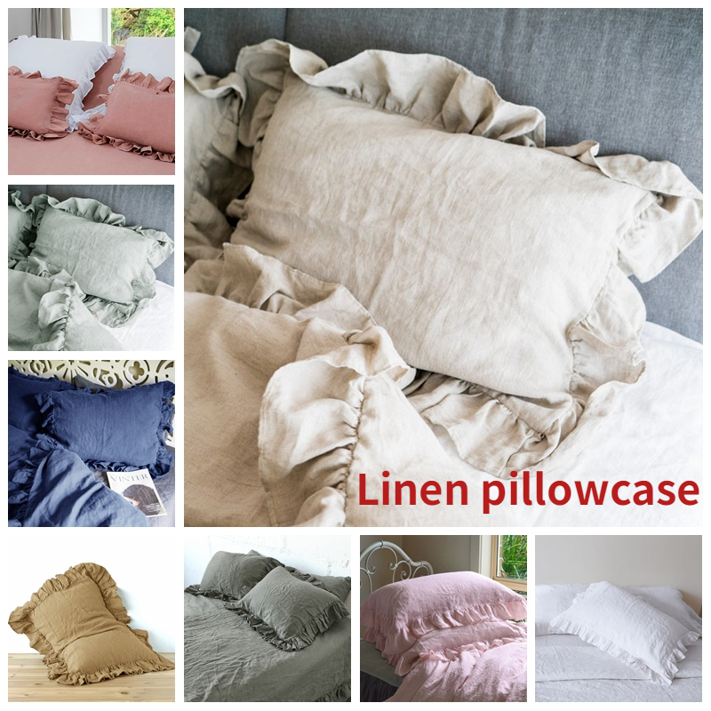 Linen Ruffles Pillow Case Covers Pleated Frill Bedding Decor Pillowcase ...