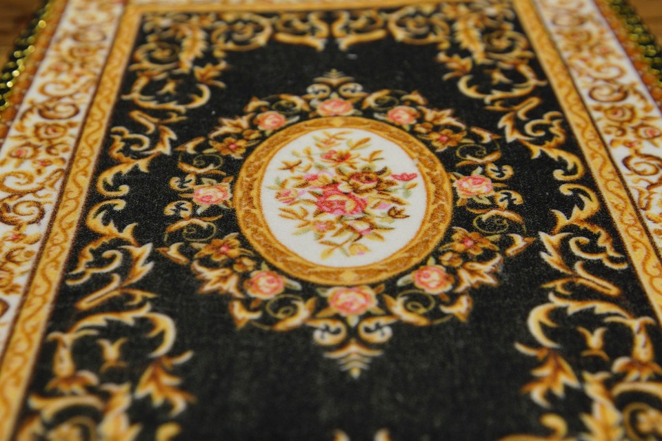 1:12 Vintage Traditional French Gold Swirls Dollhouse Antique Rug Black ...