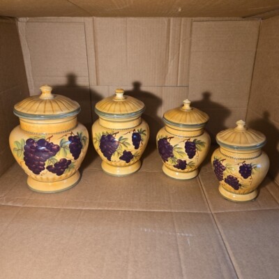 Casa Vero By ACK Grape Pattern Canisters Set Of Four Hand Painted Gold ...