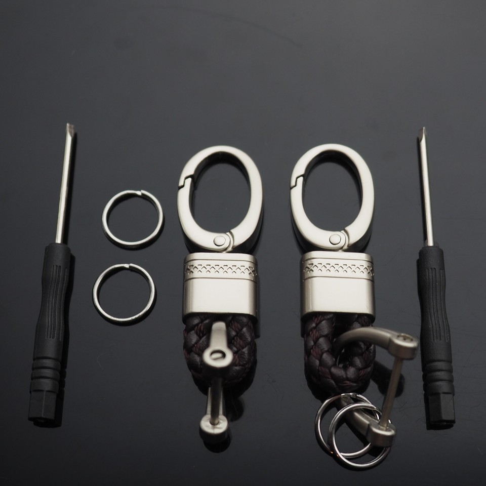 2pcs Brown & Matte Silver Woven Leather Fob D-Ring Keychain Key Ring ...