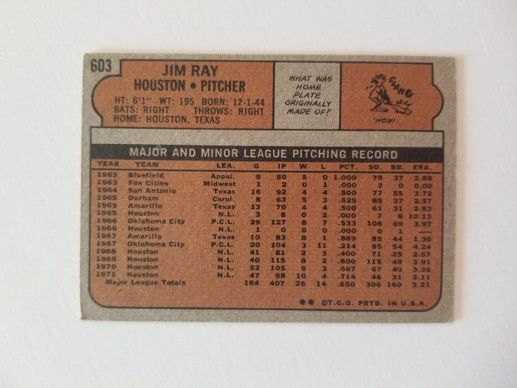 JIM RAY 1972 TOPPS BASEBALL CARD #603 HOUSTON ASTROS | eBay