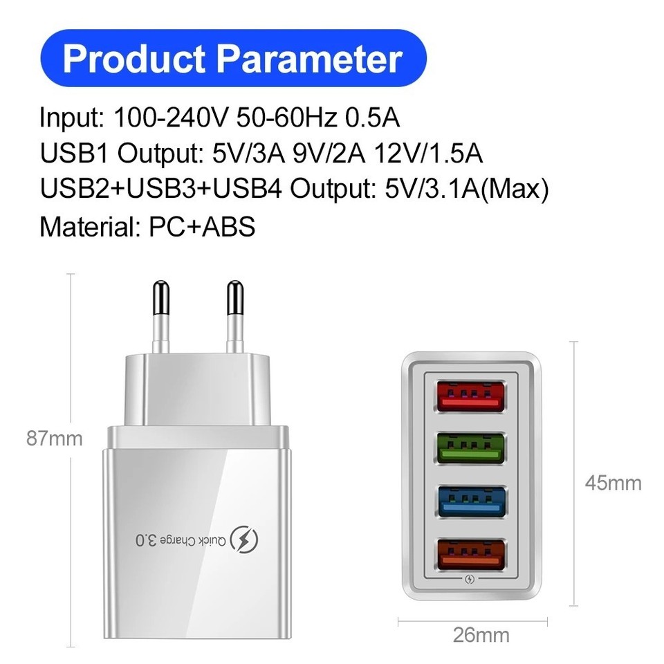 4 Multi-Port Fast Quick Charge USB Hub Mains UK Plug Adapter Wall ...