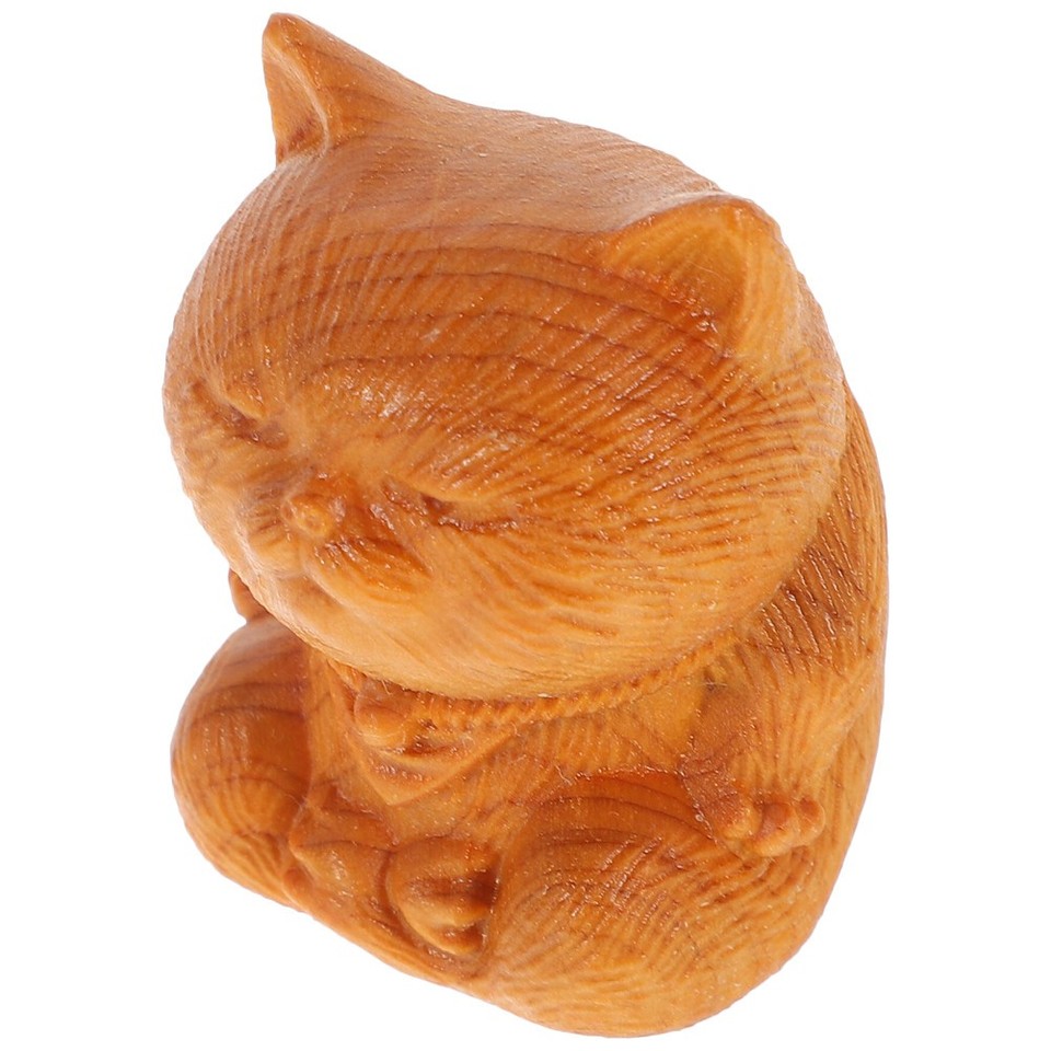 Wooden Carved Cat Sculpture Desktop Wood Small Cat Ornament | eBay ...