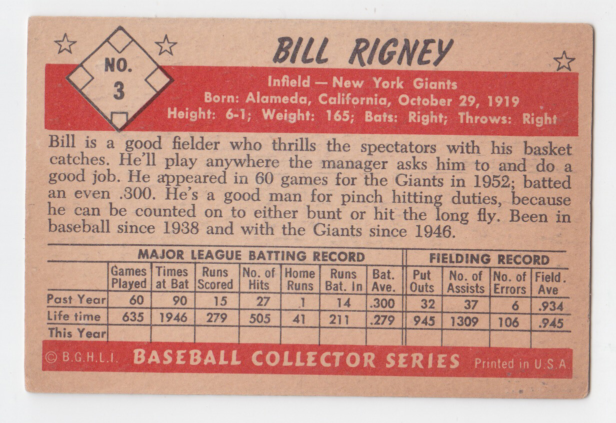 1953 Bowman Black & White #3 Bill Rigney New York Giants Baseball Card ...