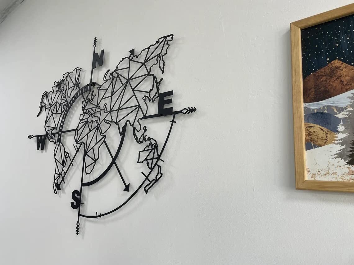 Metal World Map Wall Art Geometric Compass Metal Wall Decor Art Work ...