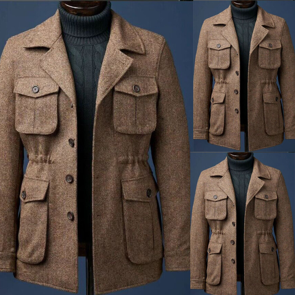 Vintage Brown Wool Men's Safari Jackets Four Pockets Warm Outdoor ...