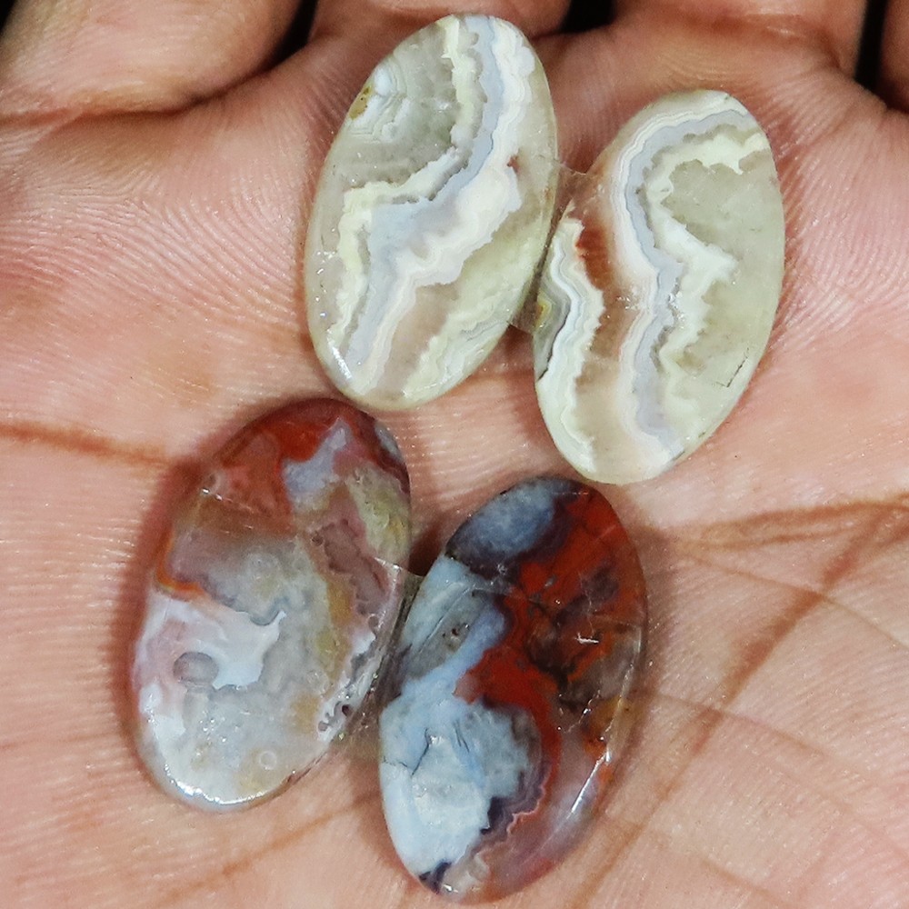 54.05 Carat. NATURAL CRAZY LACE AGATE Pair OVAL CABOCHON 2 Pair Lot ...