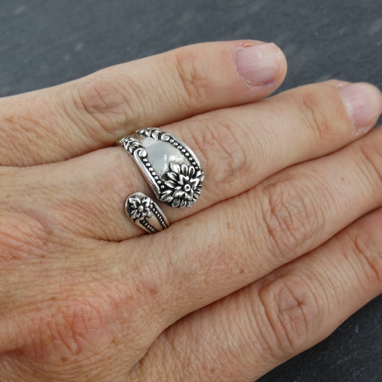 Victorian Flower Spoon Ring - 925 Sterling Silver - Adjustable Sizes 6 ...