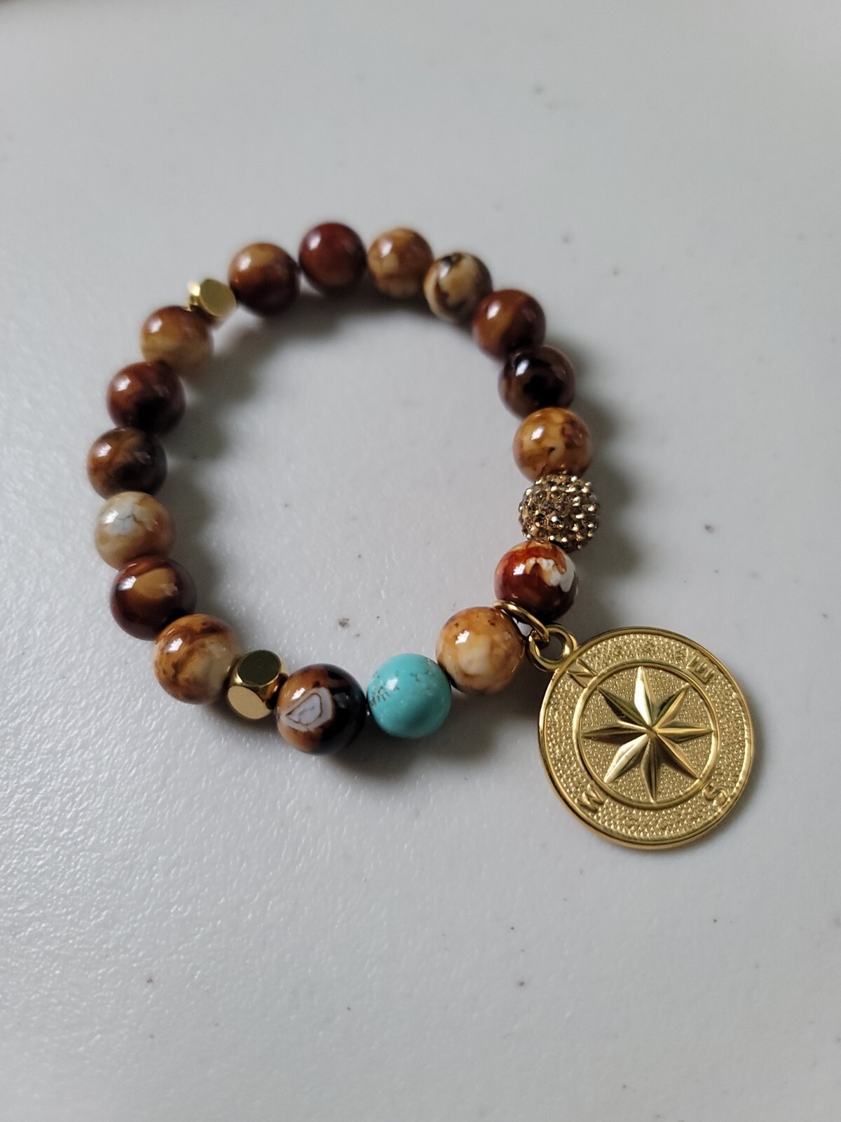 Earthy Brown Agate Bead Compass Bracelet | eBay
