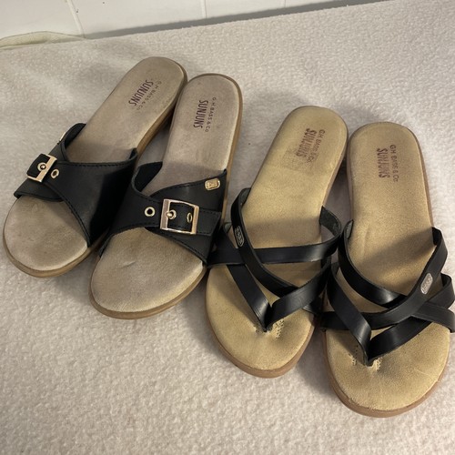 SunJuns BASS SANDALS black leather thong , sz 8.5W 9W model Sharon II ...