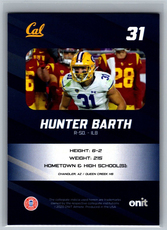 Hunter Barth 2023 ONIT California Golden Bears #43 Football Card RC ...