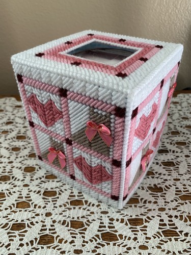 Handmade Needlepoint Plastic Canvas Tissue Box Cover - Valentine Cat ...