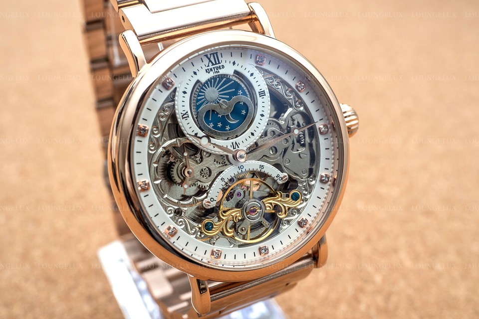 Mens Dual Time Flywheel Automatic Mechanical Watch Rose Gold Stainless ...