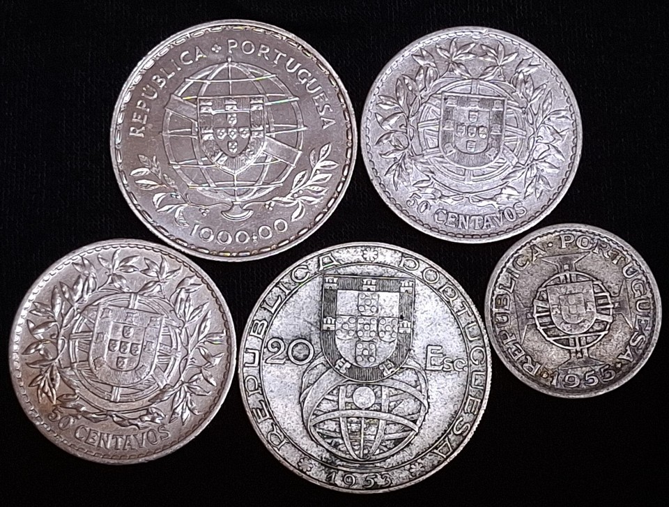 Portugal - Lot with 5 SILVER coins - 50 centavos to 1000 escudos - NO ...