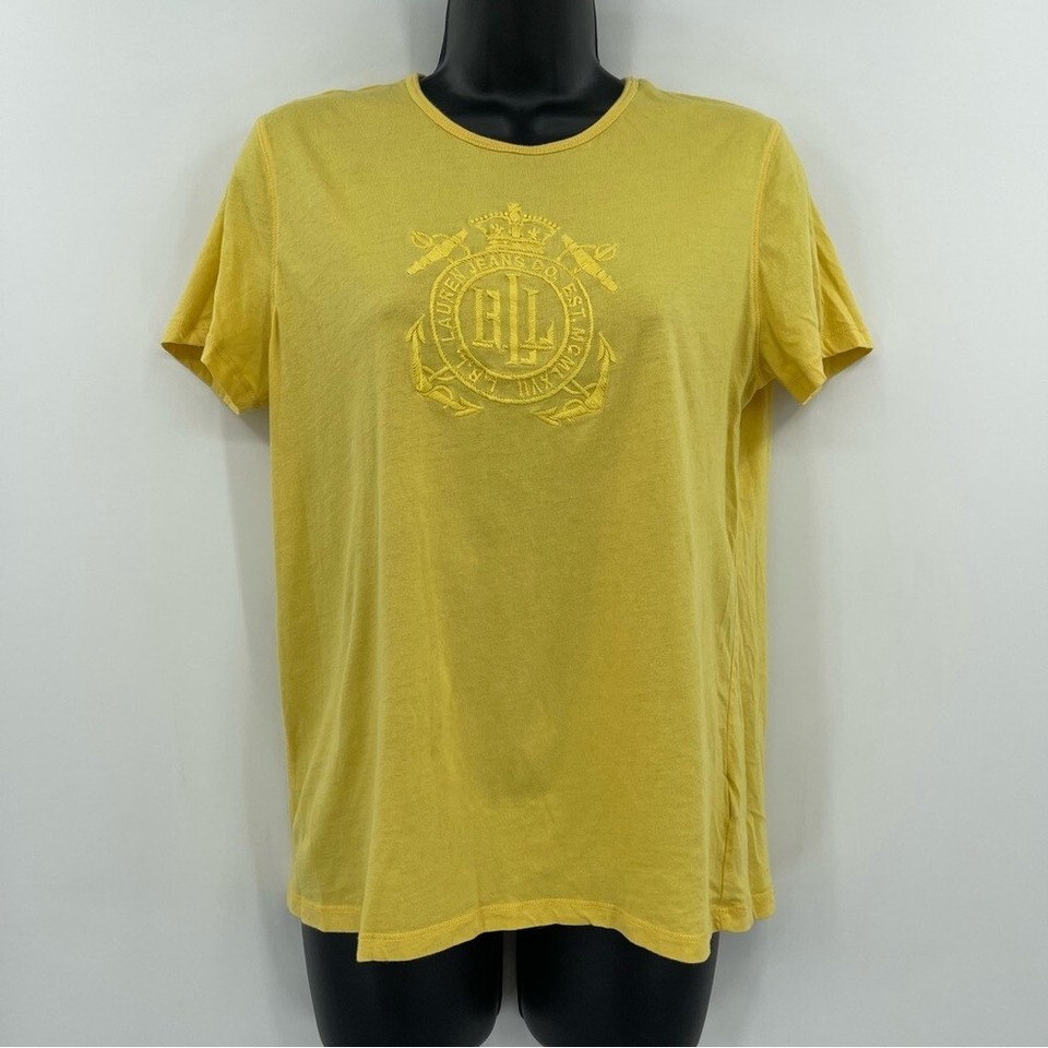 Lauren Ralph Lauren crest embroidered tee babydoll yellow women's size ...