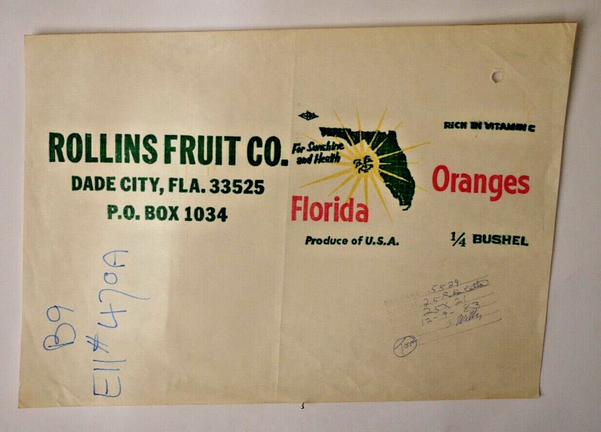 Vintage Paper Bag / Label - FLORIDA ORANGES, ROLLINS FRUIT CO. DADE ...