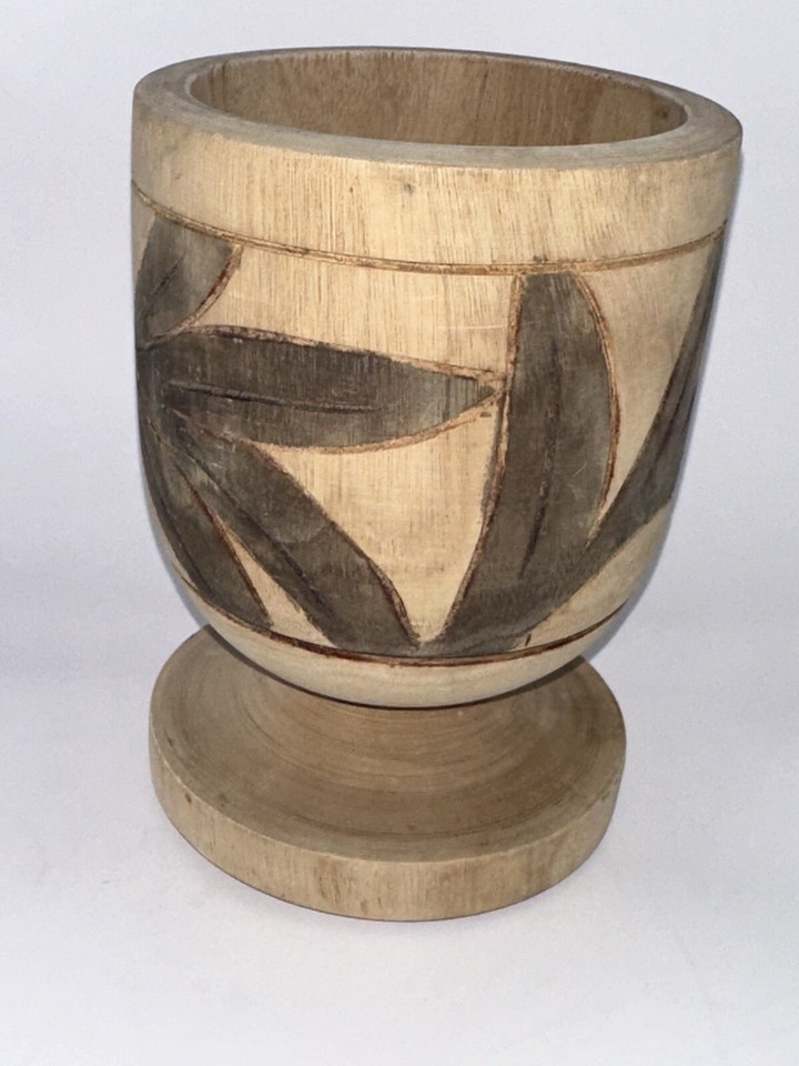 Haitian Wooden Hand Carved Mortar/Cup/Vase Tribal Rustic Leaf & Diamond ...