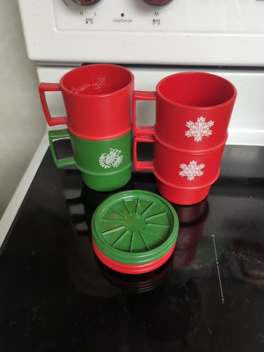 4 Vintage Tupperware Mugs Christmas Holiday Cups Red Green Snowflake ...