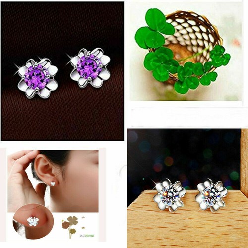 Shiny 925 Sterling Silver Flower Clover Petals Plant Ear Stud Crystal ...