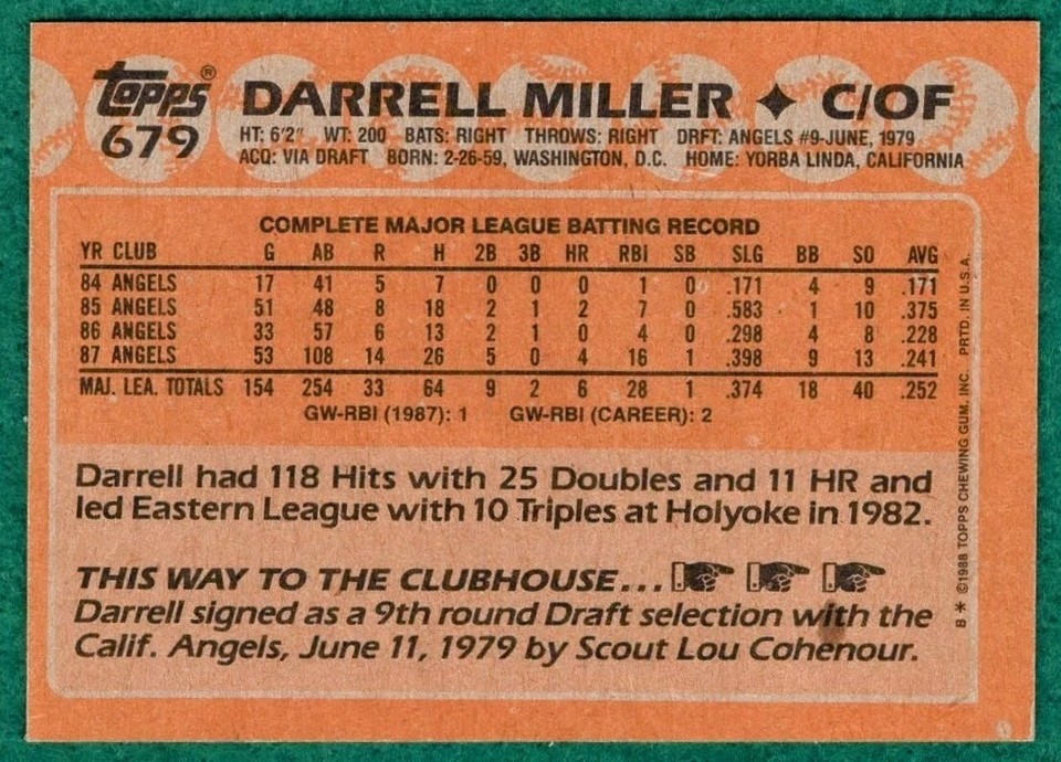 Darrell Miller - 1988 Topps #679 - California Angels Baseball Card | eBay