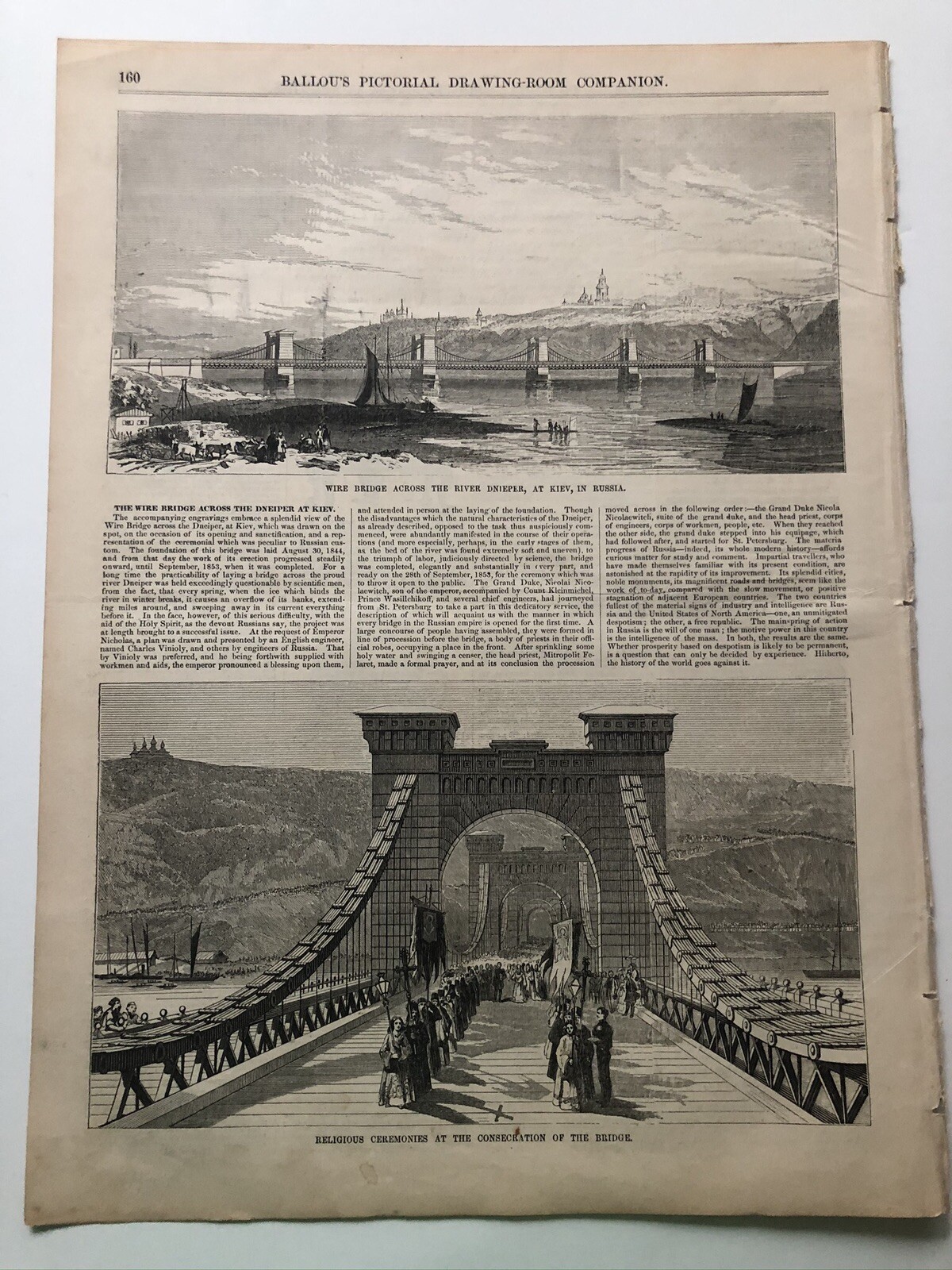 1855 Ballou’s Antique Print Views Of Nicholas Chain Bridge Kiev Ukraine ...