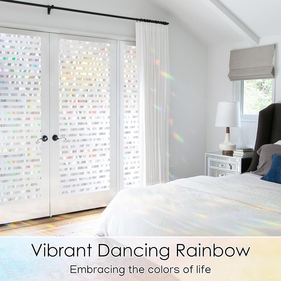 rabbitgoo Stripe Window Film Decorative Rainbow Static Cling Stained 3D ...