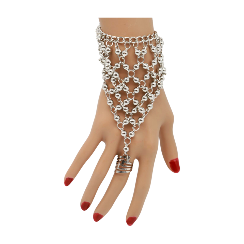 Women Silver Metal Hand Chain Bracelet Ball Charm Ring Connected ...