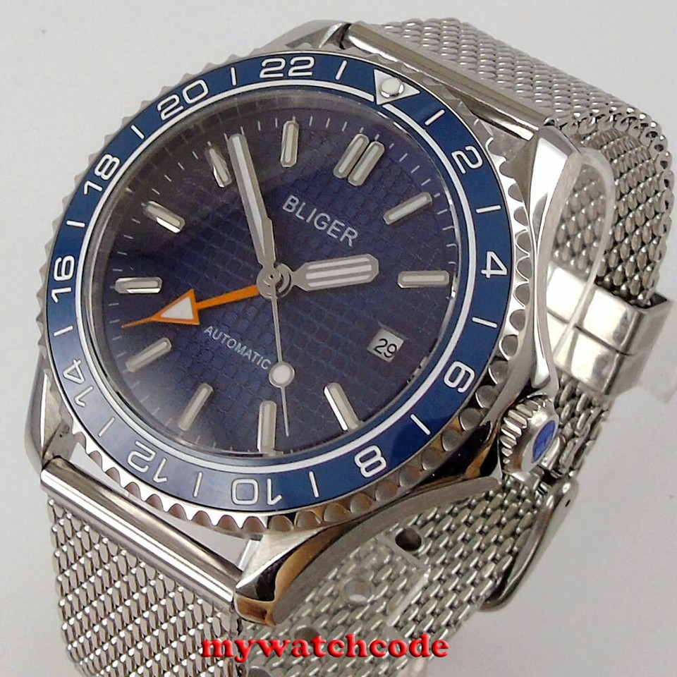 41mm bliger blue dial Sapphire glass GMT date automatic mens Watch ...