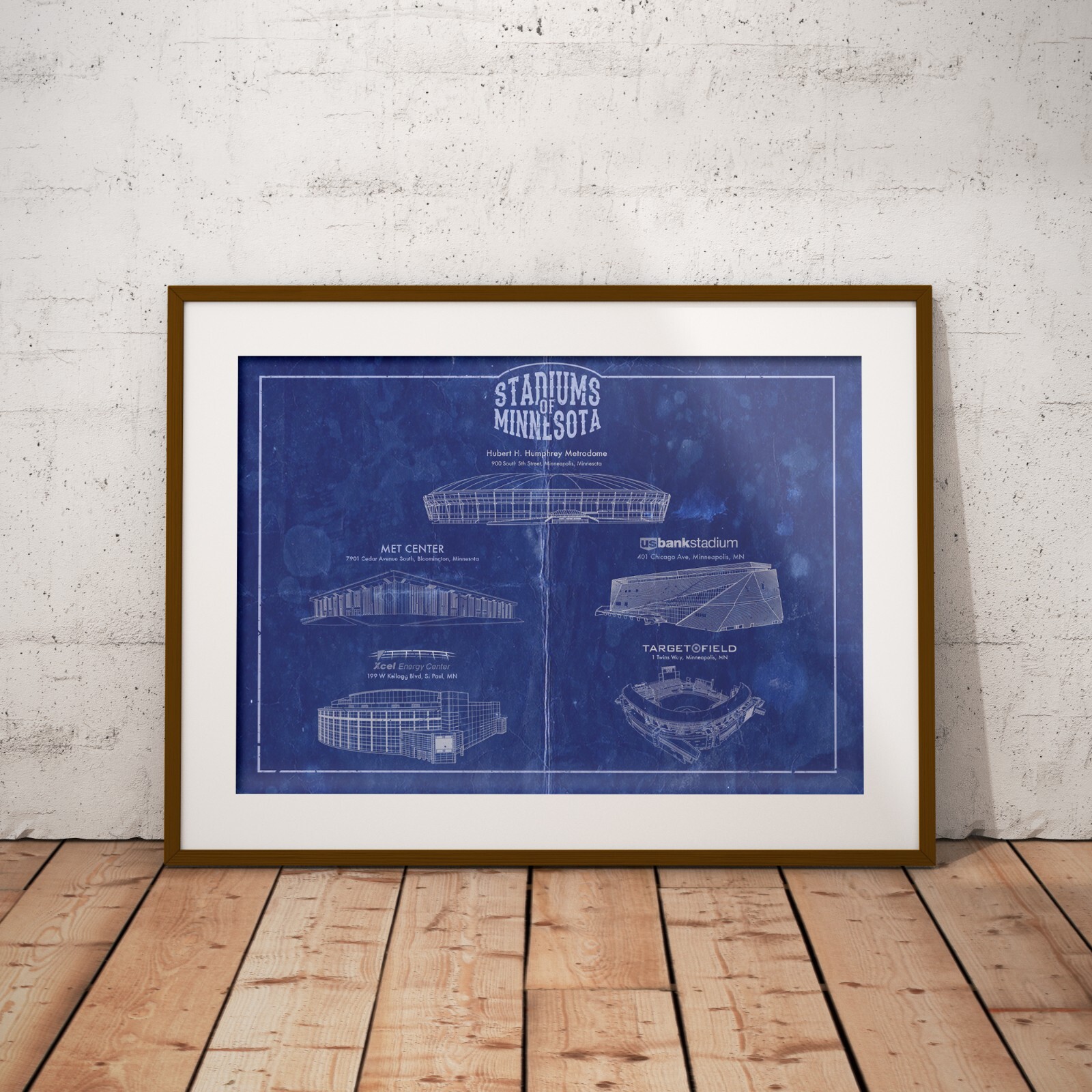 Stadiums of Minnesota blueprint art - feature Metrodome, US Bank ...