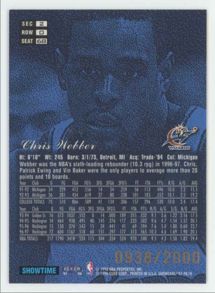 1997-98 Flair Showcase ROW 0 Chris Webber 938/2000 Wizards #68 A1 | eBay