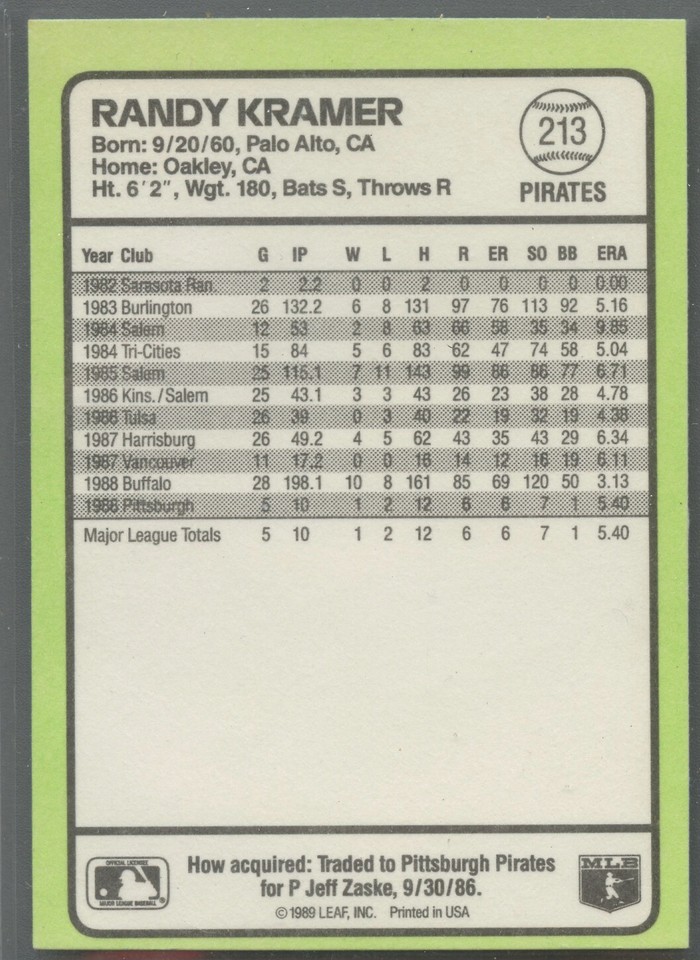 1989 Donruss Baseball's Best #213 Randy Kramer Pittsburgh Pirates | eBay