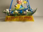 Vintage Happy Easter Bunny Rabbit with Banjo Trellis Eggs Plastic Decor ...