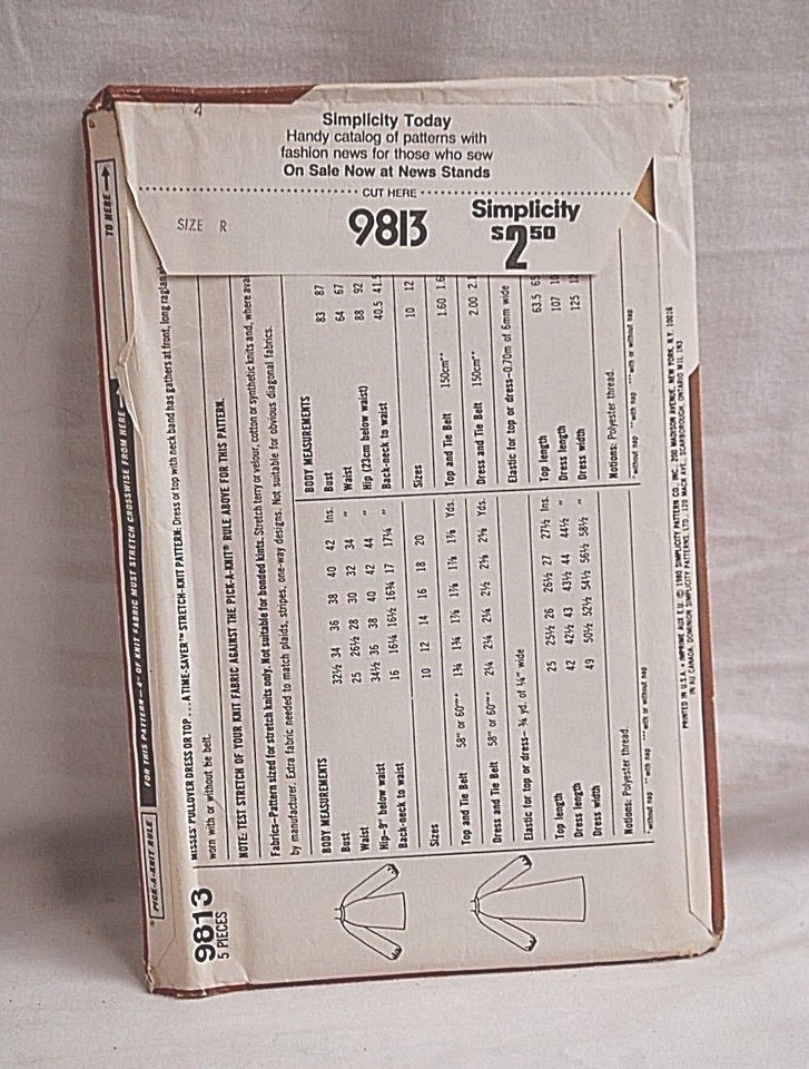 Simplicity 9813 Sewing Pattern Misses Pullover Dress or Top Size R 14 ...