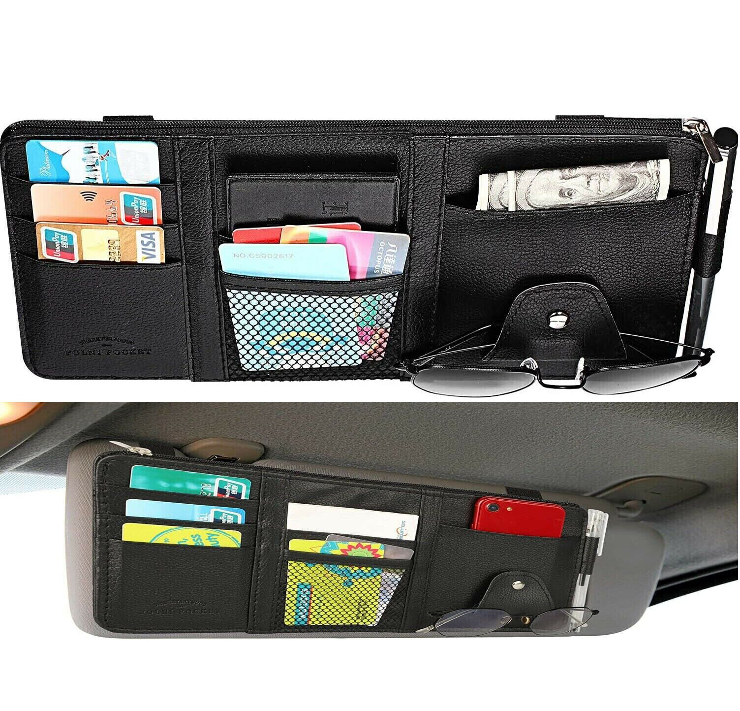 Car Sun Visor bag Organizer PU Leather Auto Interior Pocket Sunglass ...