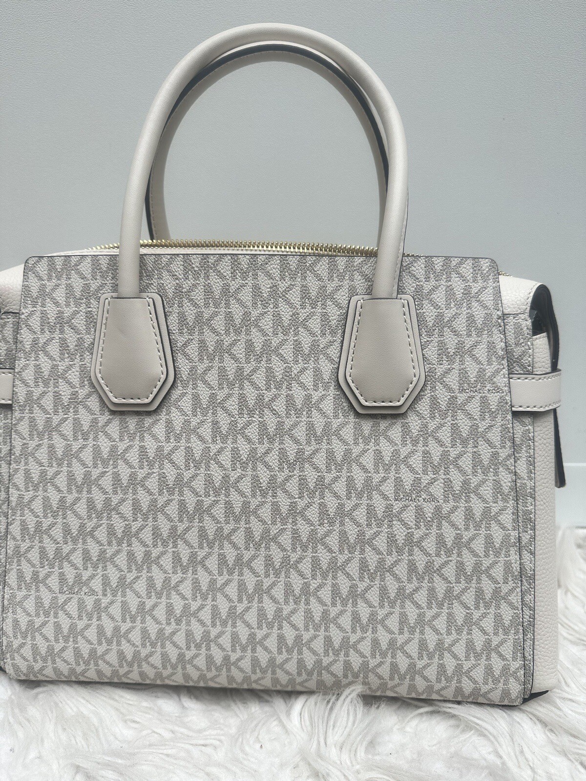 Michael Kors Medium Belted Mercer Mk Logo Leather Light Cream Multi ...