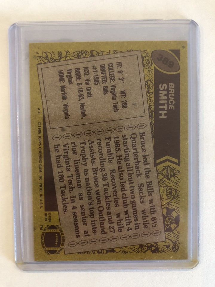 Bruce Smith 1986 Topps Football #389 ROOKIE RC SP Card vintage BILLS ...
